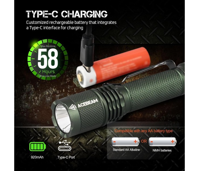 Acebeam TAC AA OD Green Cool White 6500k 1000 Lumens USB Rechargeable ...