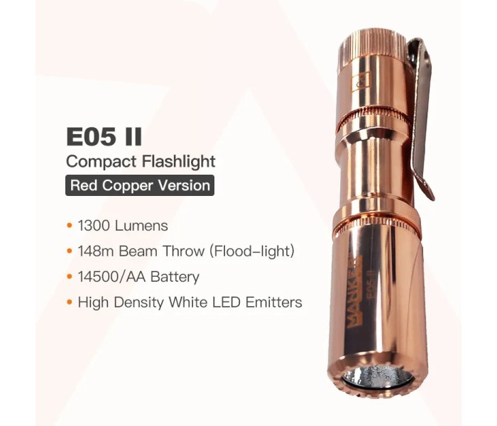 Manker E05 II Cu CW COPPER Cool White LED 1300L Rechargeable EDC Flashlight